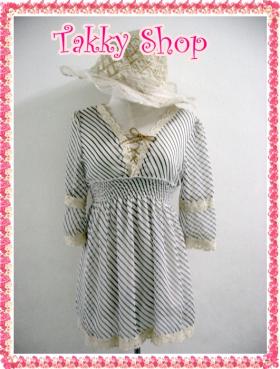 เดรส ผ้าชีฟองคุณหนูมากค่ะลายตรงสลับขาวดำ - Takky Shop