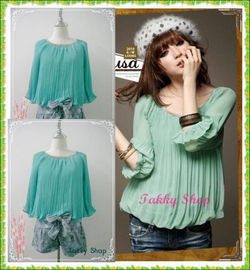 เสื้อแฟชั่นเกาหลีอัดพลีตโทนเขียวน้ำทะเล - Takky Shop